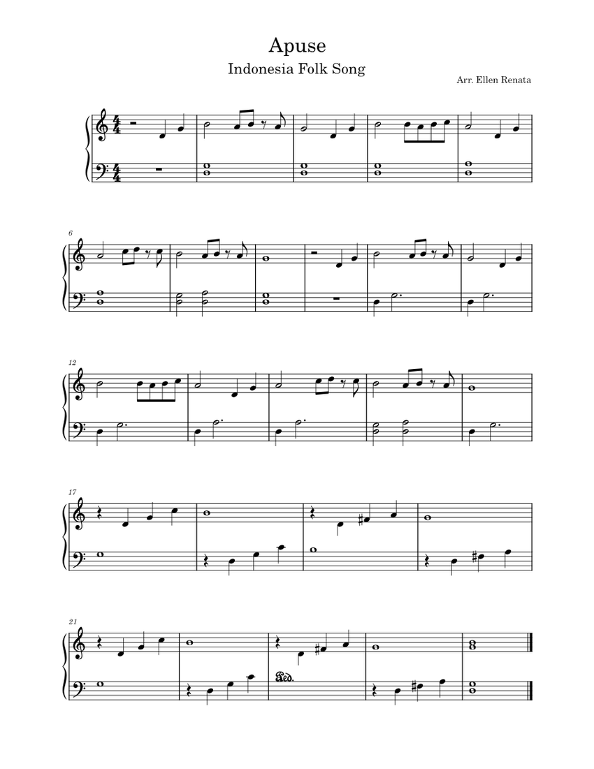 Apuse – Indonesia folk song Sheet Music for Piano (Solo) Easy ...