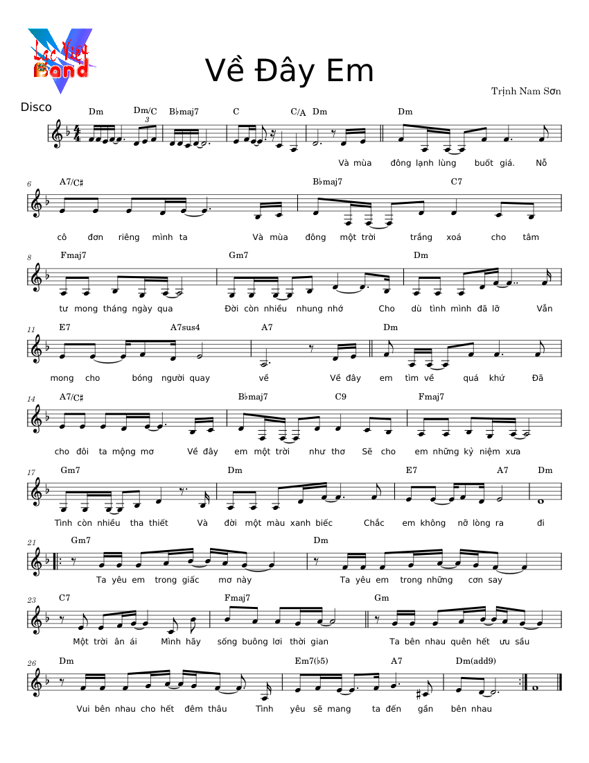Về Đây Em Sheet Music with Chords for Piano (Solo) | MuseScore.com