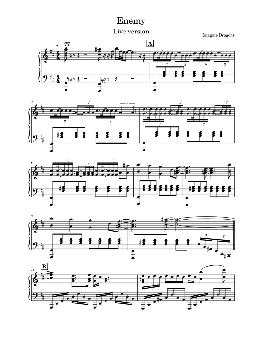 Enemy – Imagine Dragons (Live version) Sheet music for Piano (Solo ...
