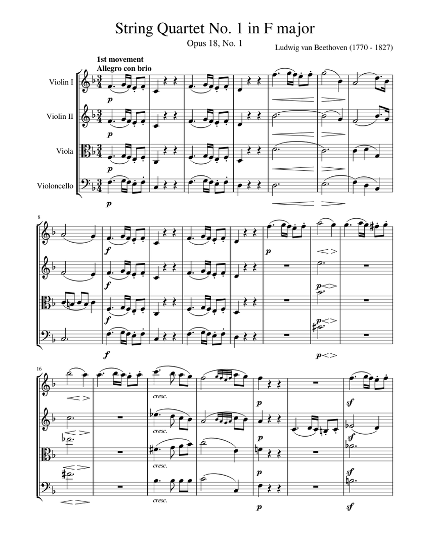 String Quartet No. 1 in F major, Opus, 18, No. 1 Sheet music for Violin ...