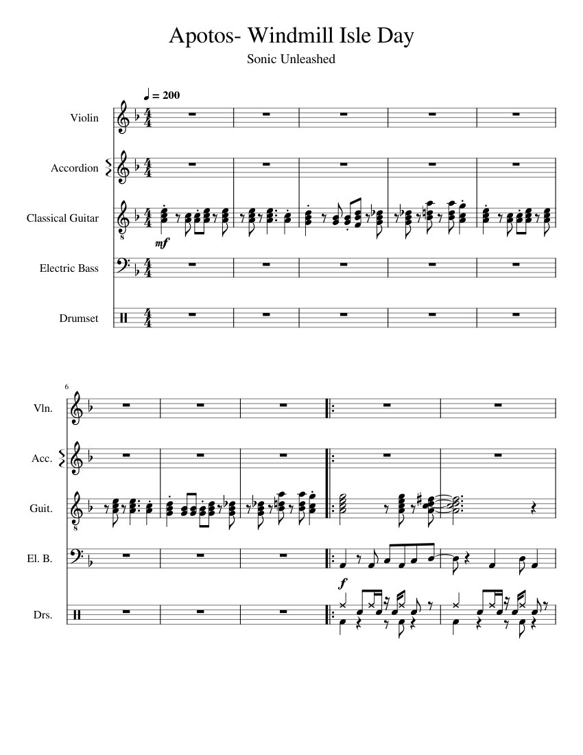 Apotos Windmill Isle Day Sheet Music for Accordion, Violin, Guitar ...