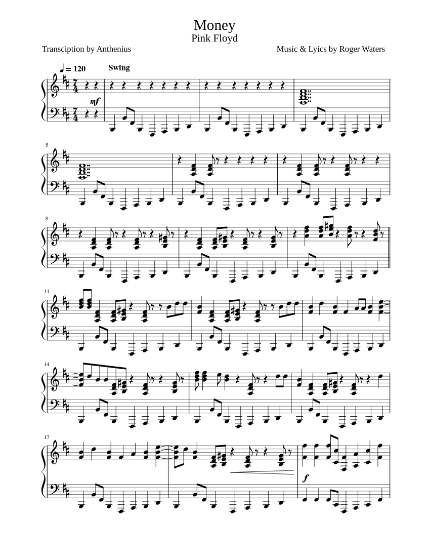 Money – Pink Floyd Sheet Music for Piano (Solo) | MuseScore.com