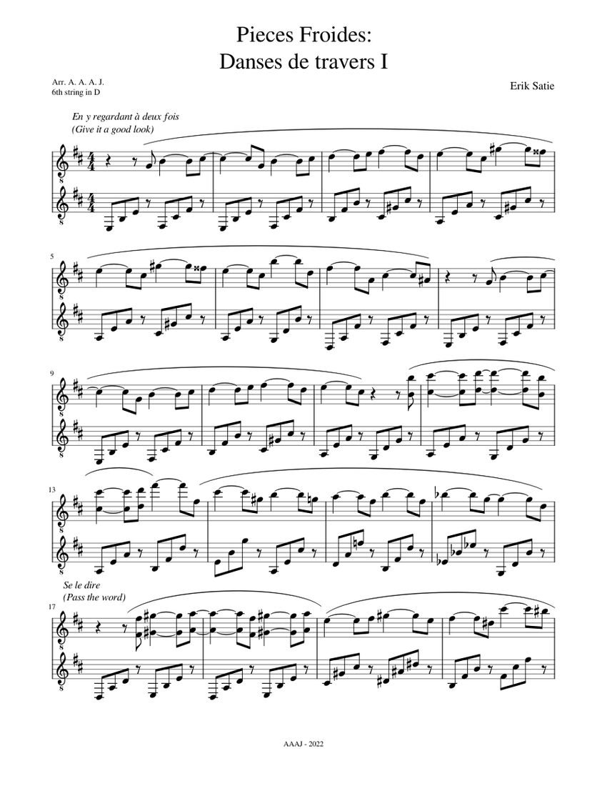 Pièces Froides: Danses de Travers n. 1 – Erik Satie Sheet music for Guitar (Mixed Duet ...