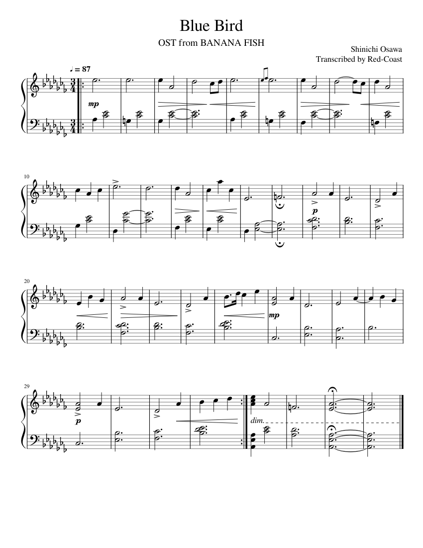 Blue Bird (OST from BANANA FISH) - Shinichi Osawa Sheet Music for Piano ...