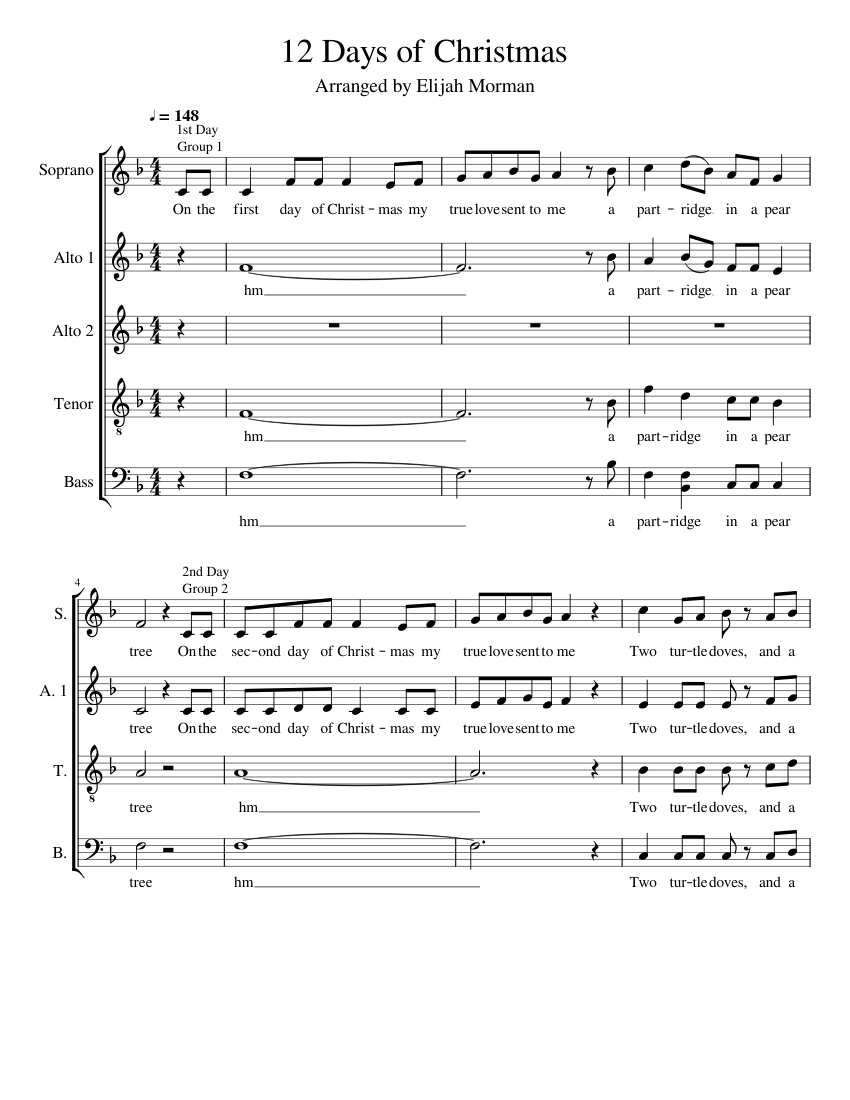 12 Days of Christmas Sheet Music for Soprano, Alto, Tenor, Bass voice ...
