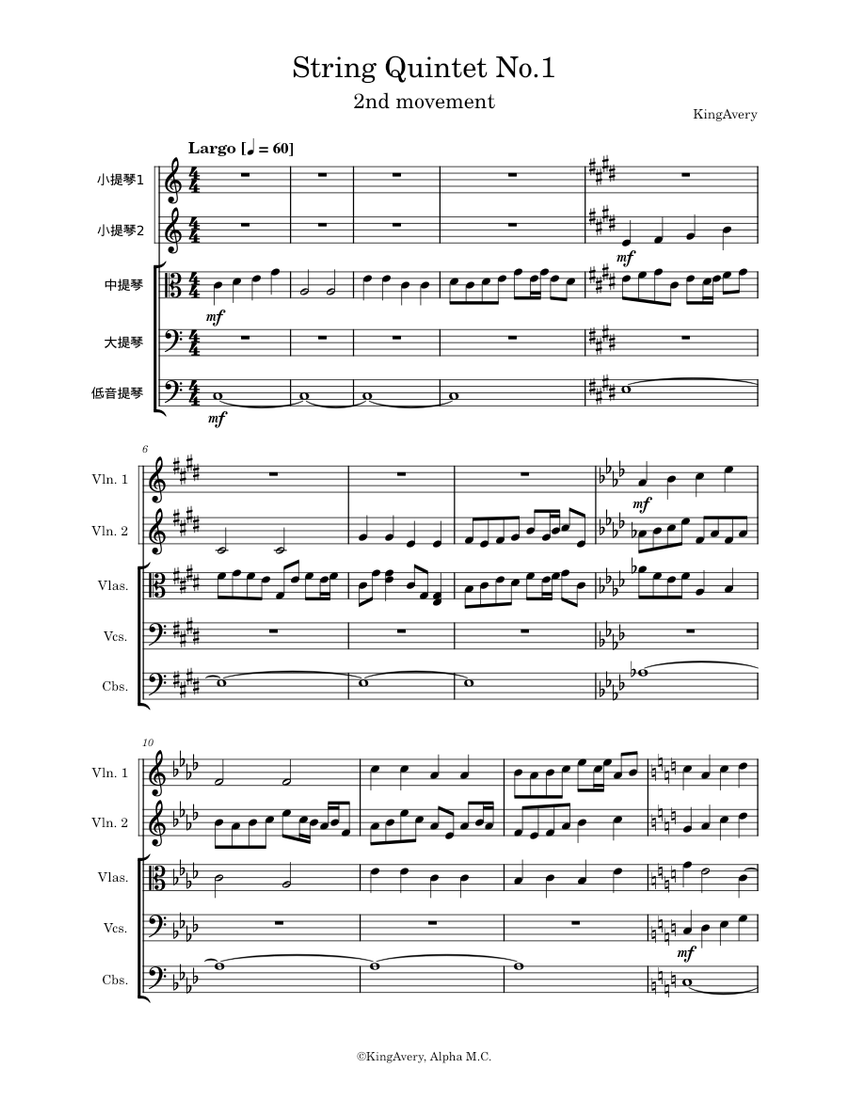 String Quintet No.1, mvt.2 Sheet music for Violin, Strings group (String Quintet) | Musescore.com