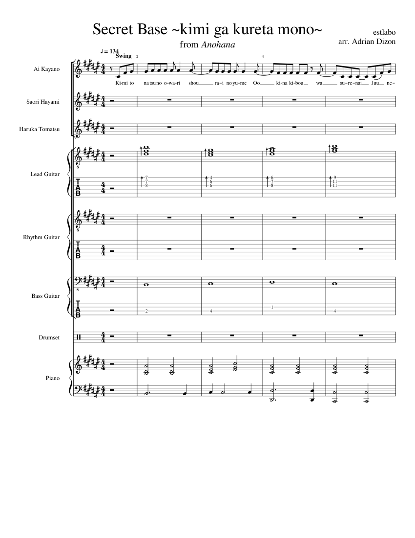 Secret Base Sheet Music and Tab for Piano, Vocals, Guitar, Bass guitar ...