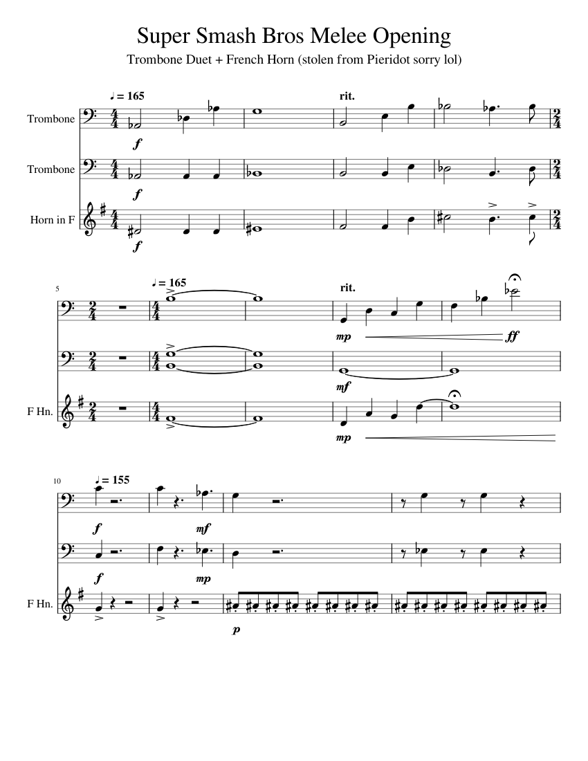 Super Smash Bros Melee Opening+ Sheet music for Trombone, French horn ...