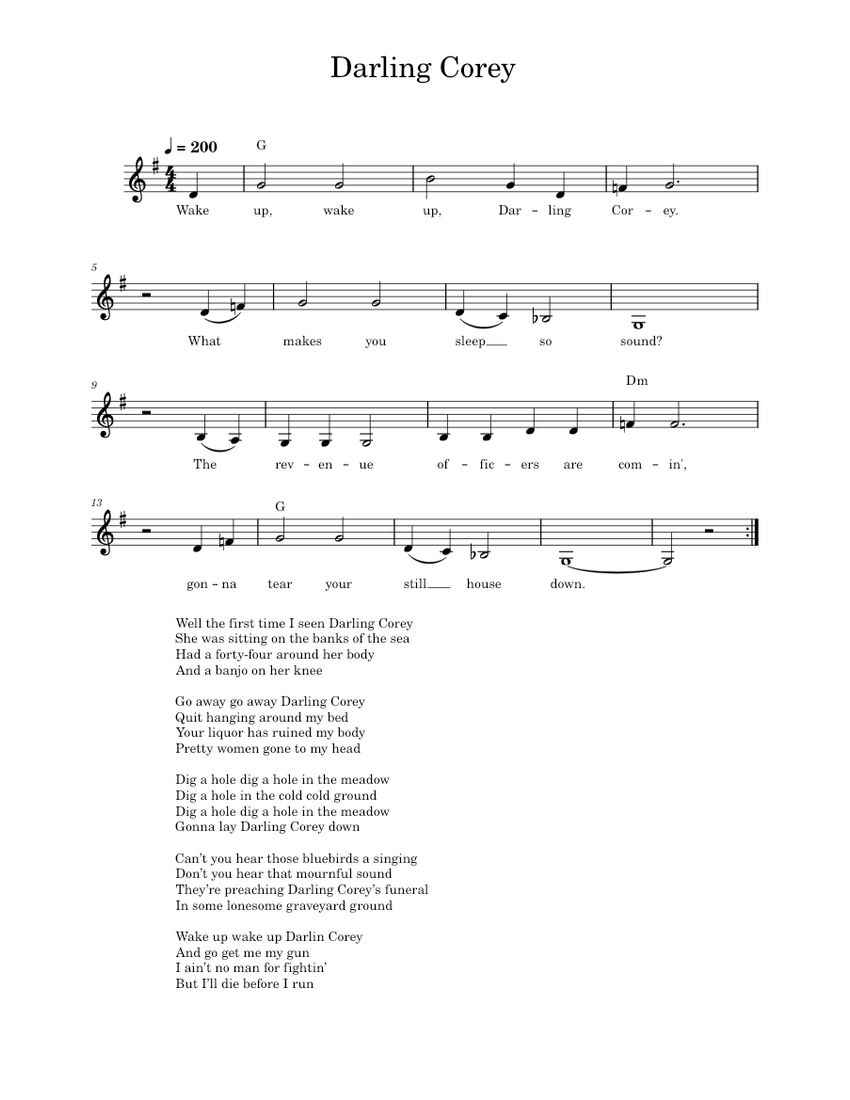 Darling Corey – Lead Sheet with Lyrics Darling Corey Sheet Music with Chords for Piano (Solo ...