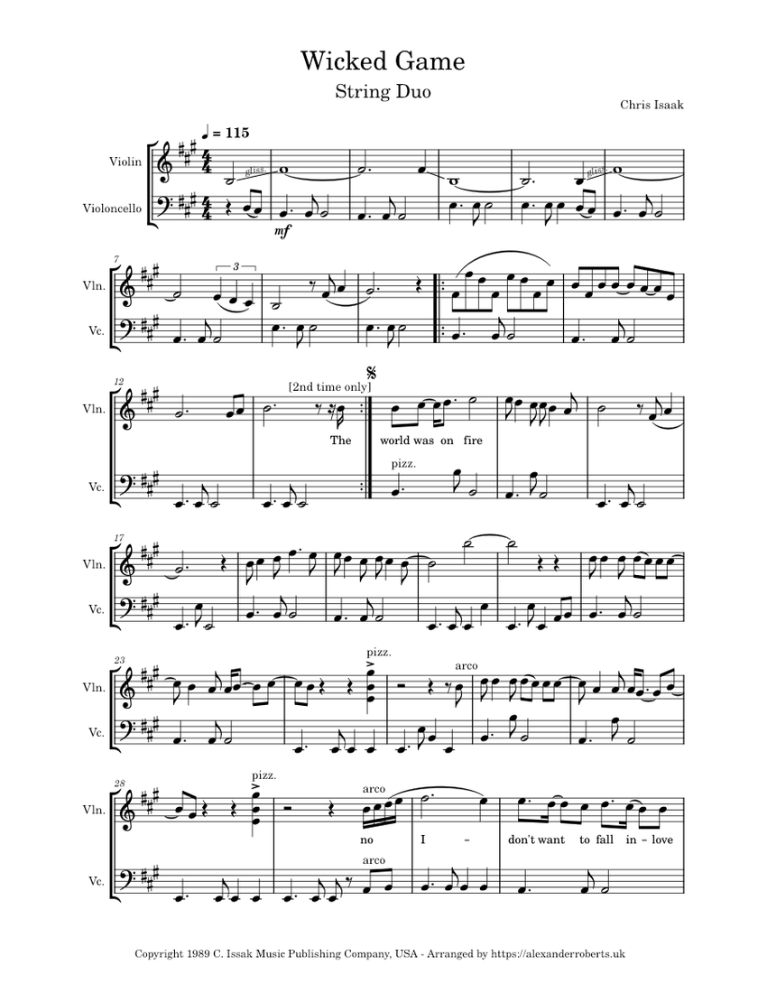 Wicked game – Chris Isaak Sheet Music for Violin, Cello (String Duet ...