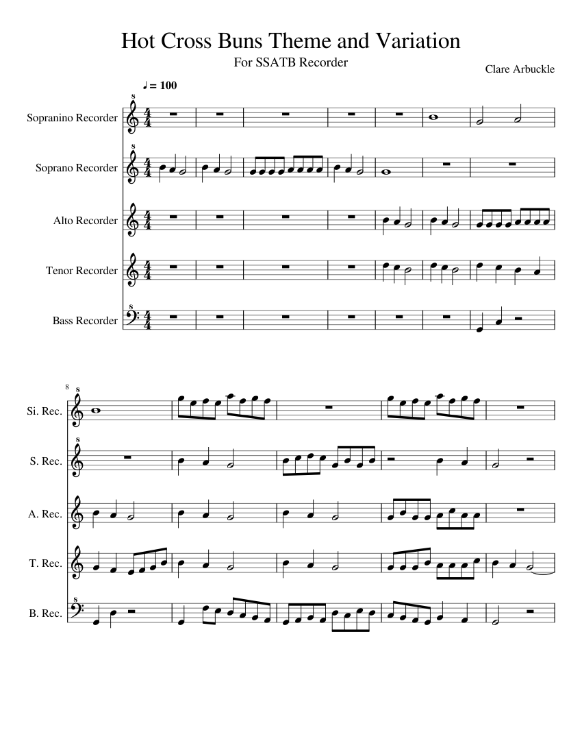 Hot Cross Buns Theme and Variation Sheet Music for Recorder (Mixed ...