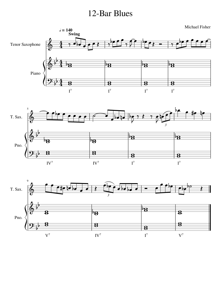 12-Bar Blues Sheet Music with Chords for Piano, Saxophone tenor (Solo ...