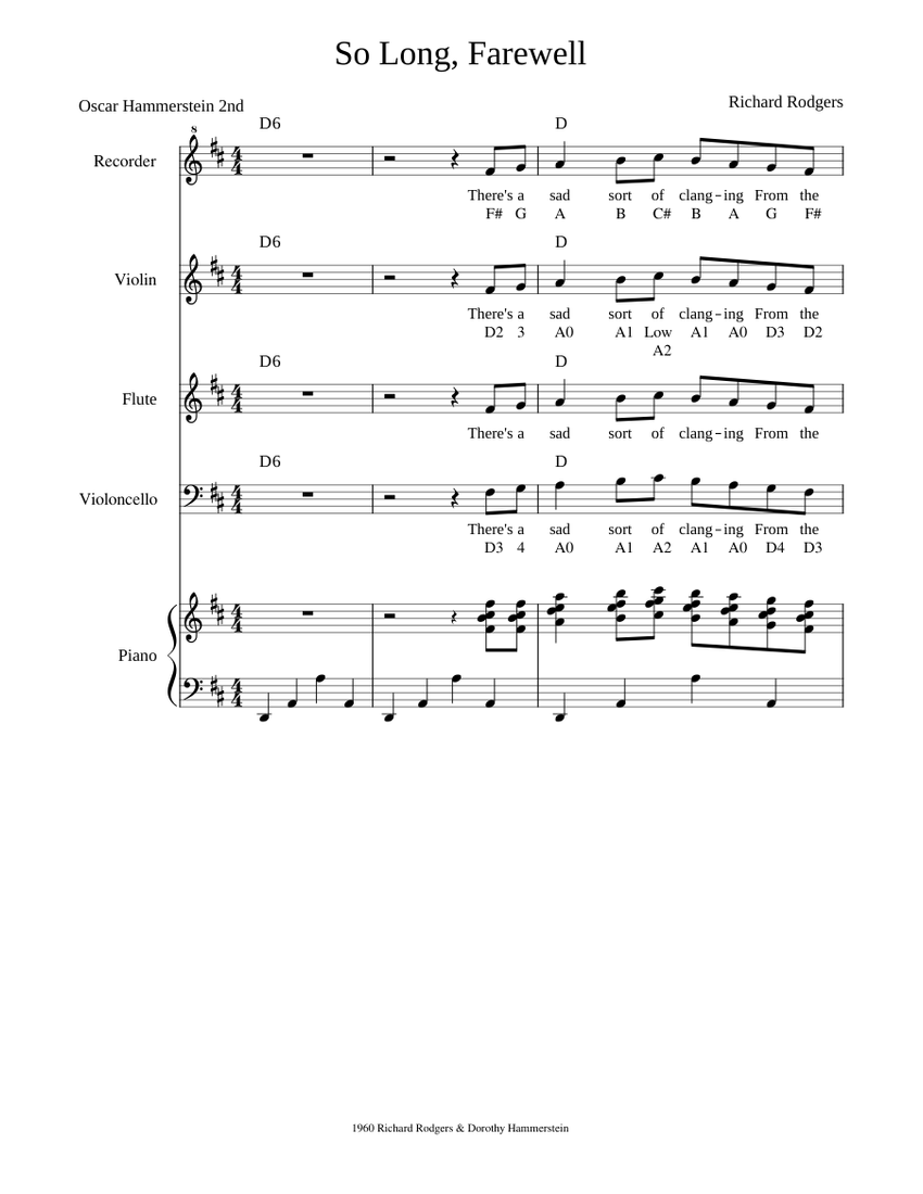 So Long, Farewell Melody Sound of Music Strings and Recorder - Simple ...