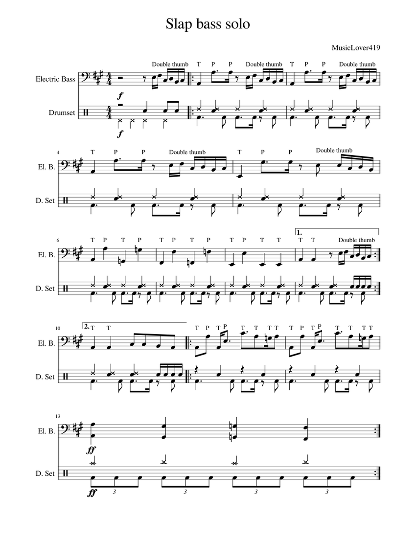 Slap bass solo Sheet Music for Bass guitar, Drum group (Solo ...