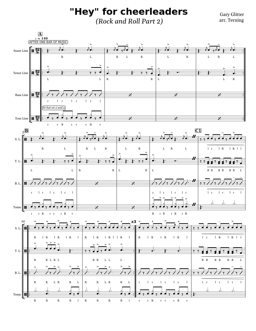 Hey for cheerleaders Sheet music for Snare drum, Tenor drum, Bass drum ...