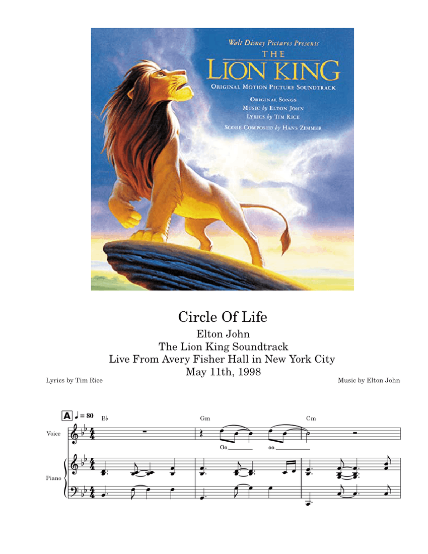 Circle Of Life [Live] - Elton John Sheet Music with Chords for Piano ...
