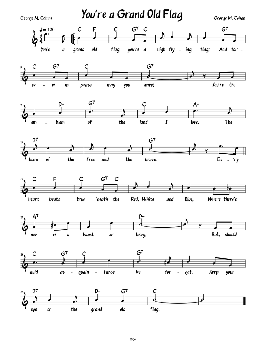 You're A Grand Old Flag (Lead sheet with lyrics ) Sheet Music for Piano ...