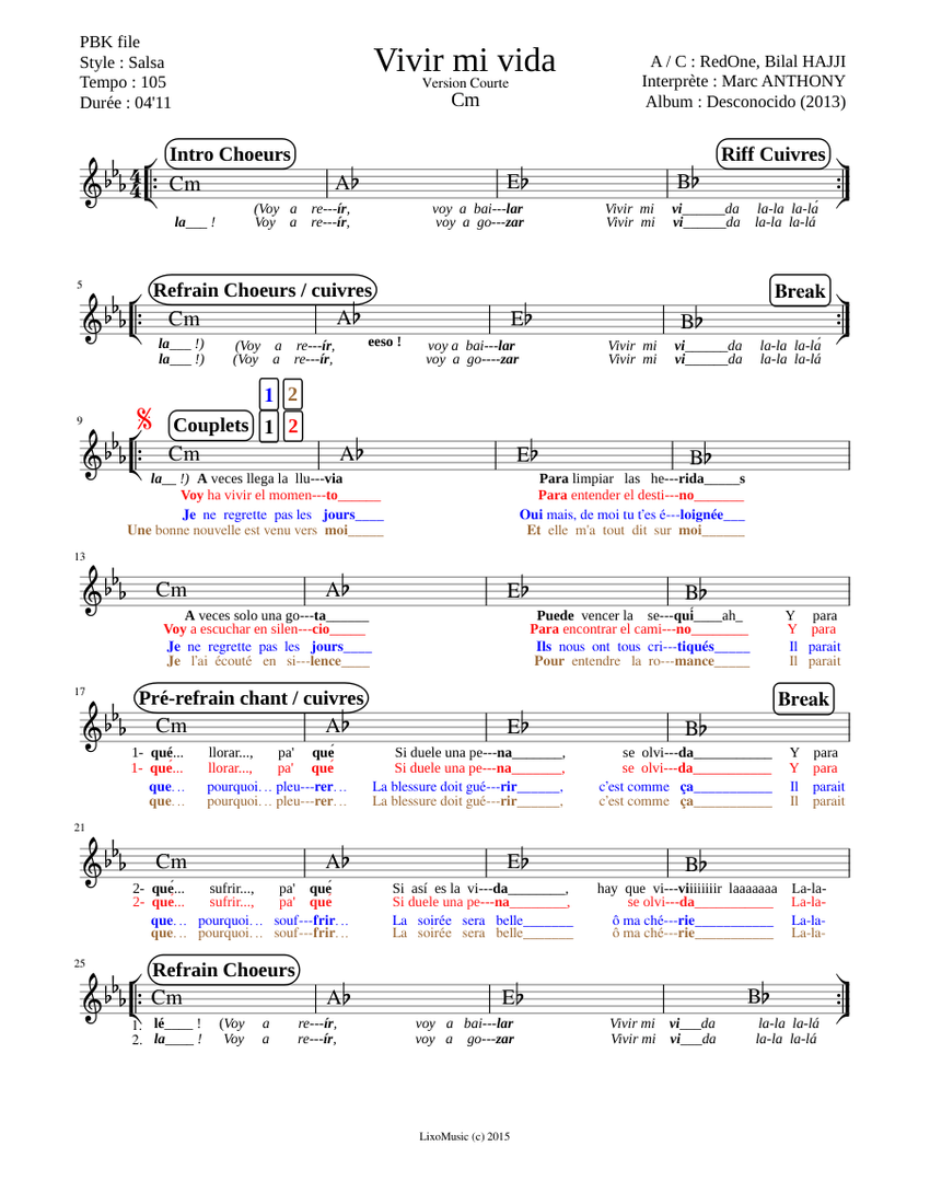 Vivir mi vida – Marc Anthony Vivir mi vida -Version Courte- Cm ♫ Grille ...