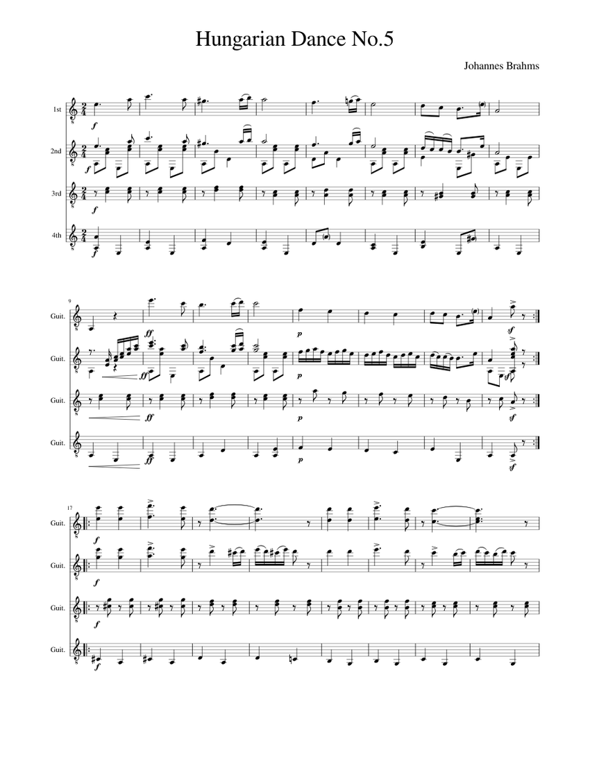 Hungarian Dance No 5 N 5 mscz Sheet Music for Guitar (String Orchestra ...