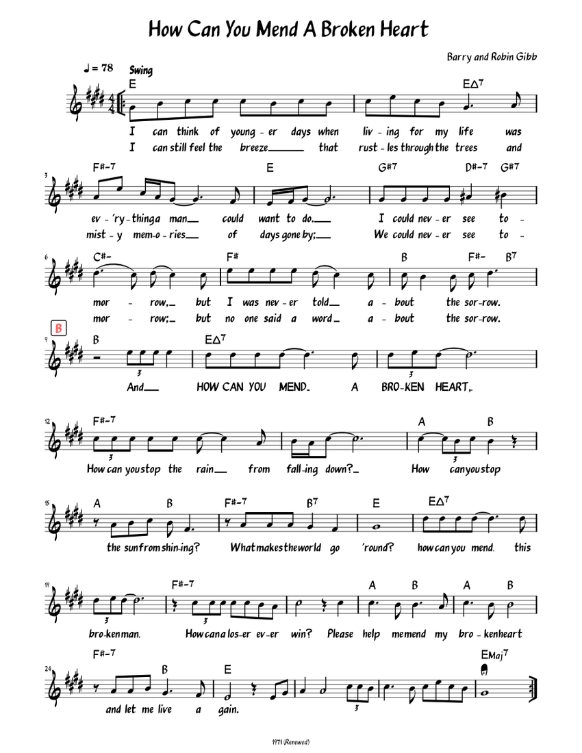 How Can You Mend A Broken Heart (Lead sheet with lyrics ) Sheet Music ...