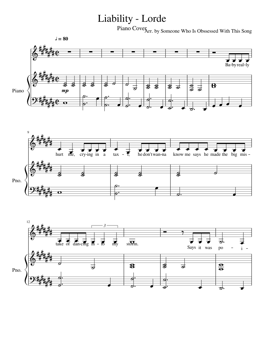 Liability Lorde Simple Piano Accompaniment w Vocals Sheet music for ...