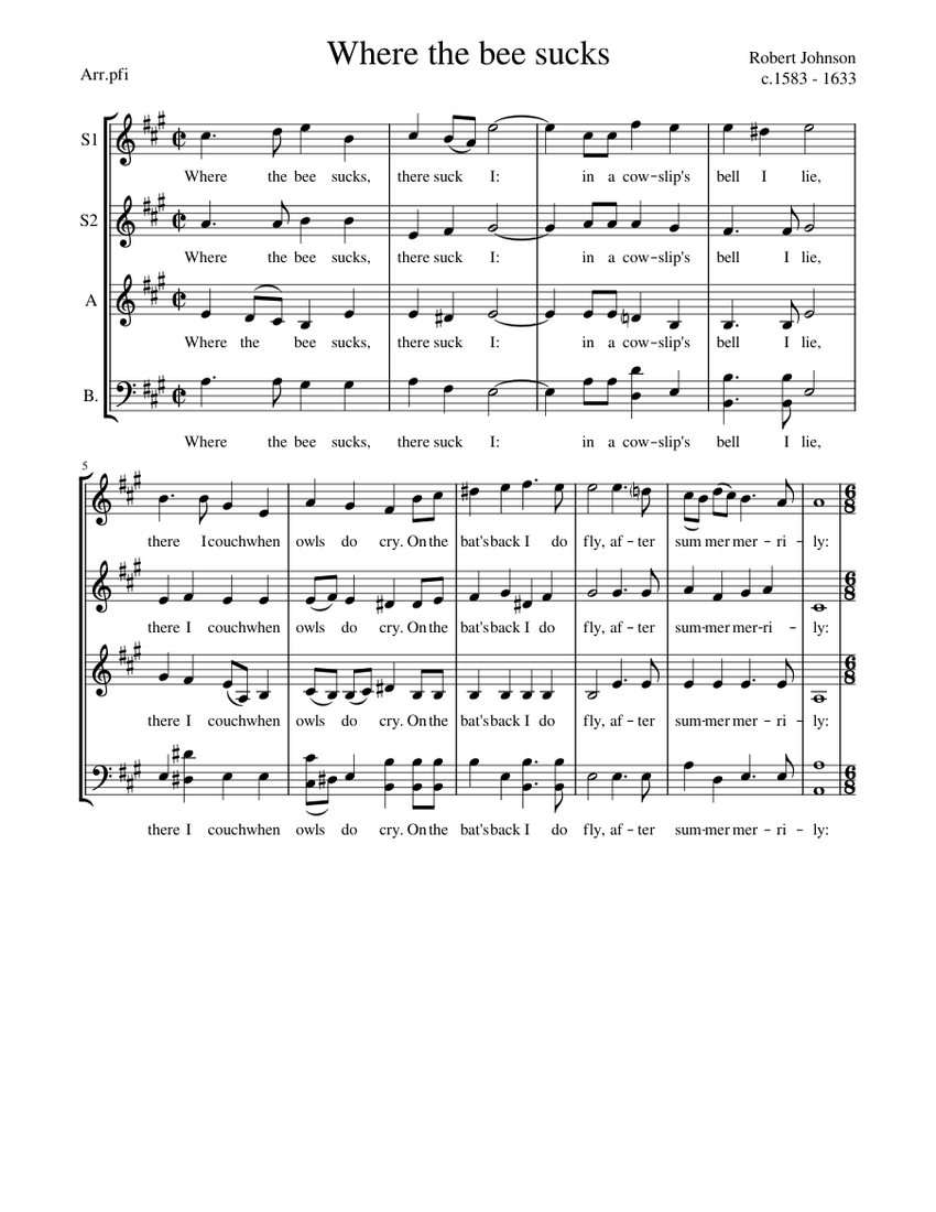 Where the bee sucks – Robert Johnson II - SSAB Sheet Music for Soprano ...