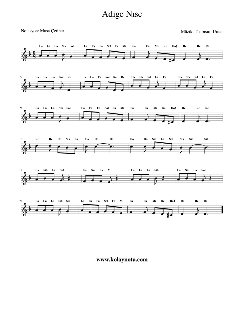Adige Nise / Adyge Nyse - Kolay Nota Sheet music for Oboe (Solo ...