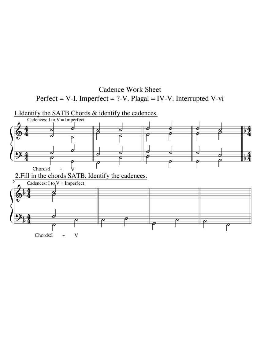 Cadence Work Sheet Perfect = V-I. Imperfect = ?-V. Plagal = IV-V ...