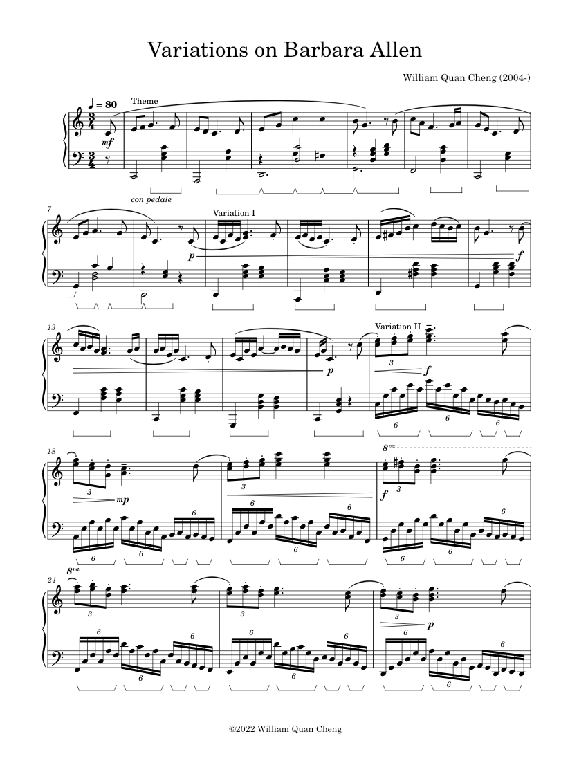 Variations on Barbara Allen Sheet Music for Piano (Solo) | MuseScore.com