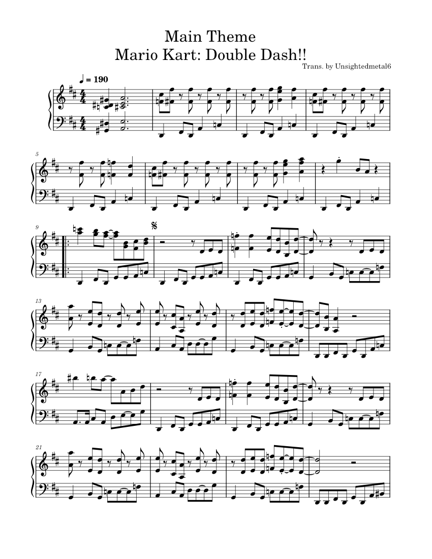 Main Theme - Mario Kart: Double Dash!! Sheet Music for Piano (Solo ...