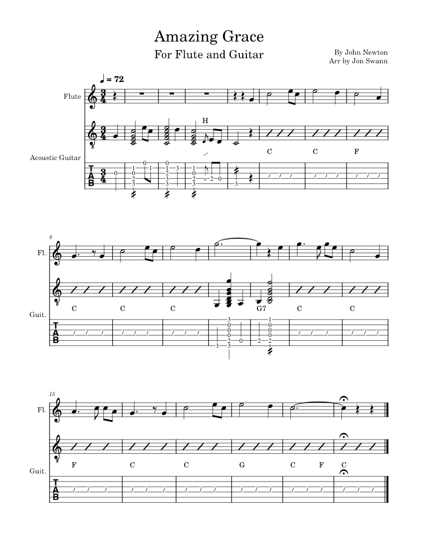 Amazing Grace – John Newton Sheet Music for Flute, Guitar (Solo ...