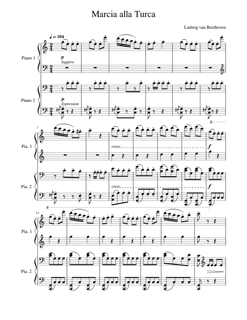 Marcia alla turca - Ludwig van Beethoven Sheet Music for Piano (Piano ...