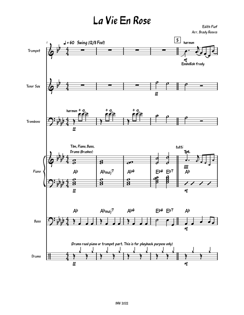 La vie en rose – Édith Piaf Sheet music for Piano, Trombone, Saxophone ...