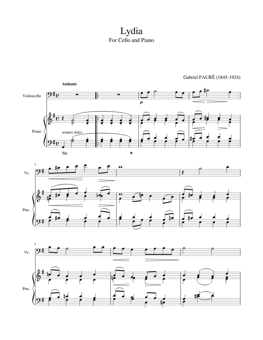 Lydia Sheet Music for Piano, Cello (Solo) | MuseScore.com