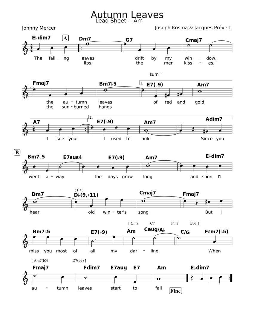 Autumn leaves – Lead Sheet Sheet music for Piano (Solo) Easy ...