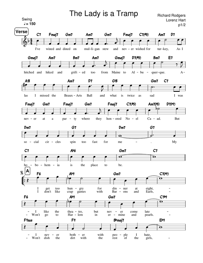 The Lady is a Tramp Sheet Music with Chords for Piano (Solo) easy ...