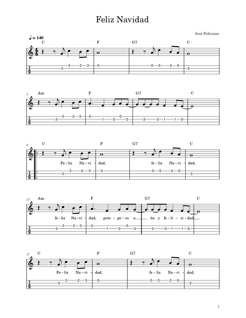 Feliz Navidad - José Feliciano Sheet Music and Tab with Chords for ...