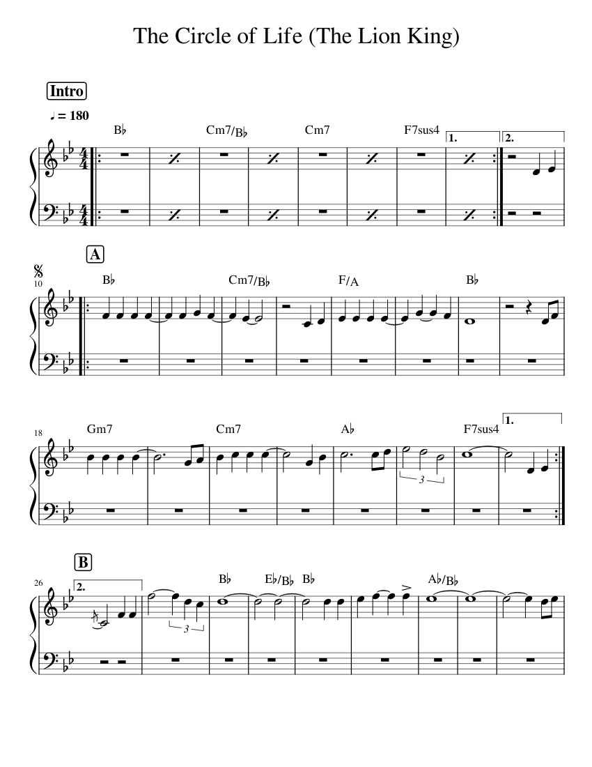 The Circle of Life (with chords) Sheet Music for Piano (Solo) Easy ...
