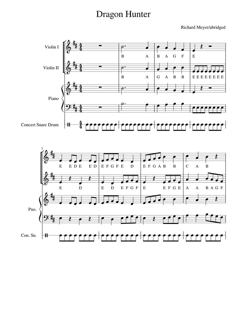 Dragon Hunter ADAPTED Violin Sheet Music for Piano, Snare drum, Violin ...