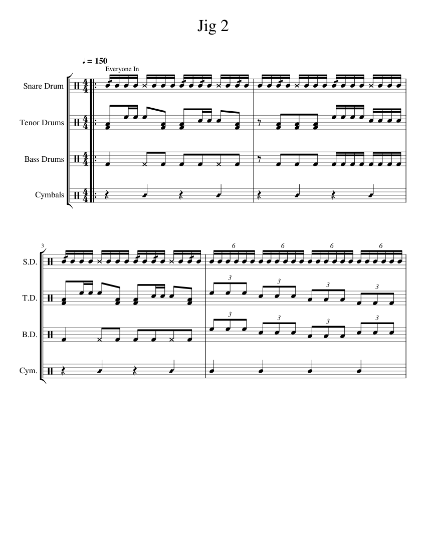 Jig 2 Sheet music for Snare drum, Crash, Tenor drum, Bass drum (String ...