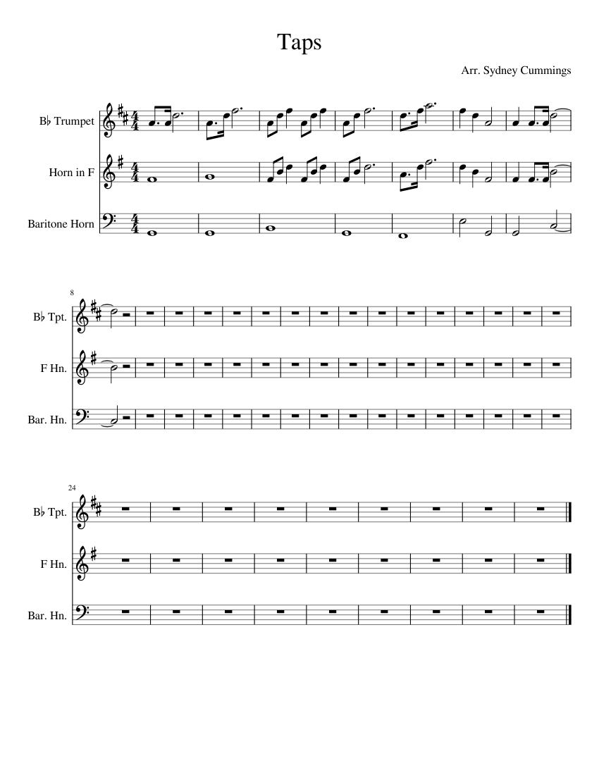 Taps Trio Sheet Music for Trumpet in b-flat, French horn, Baritone horn ...