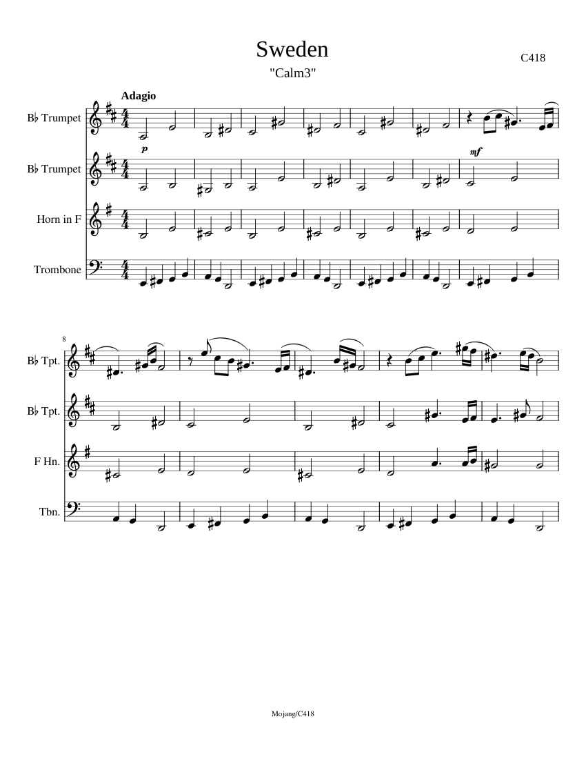 Minecraft_-_Calm_3_Brass_Quartet Sheet music for Trombone, Trumpet in b ...