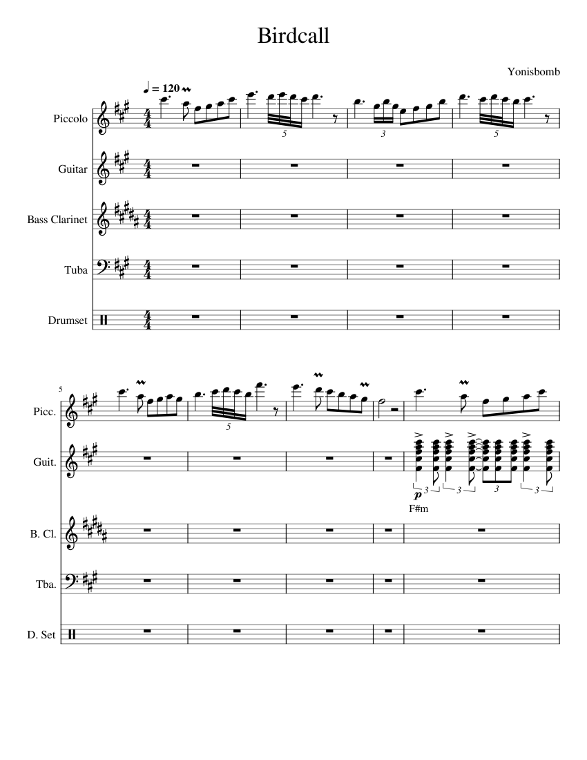 Birdcall Sheet music for Tuba, Flute piccolo, Clarinet bass, Guitar ...