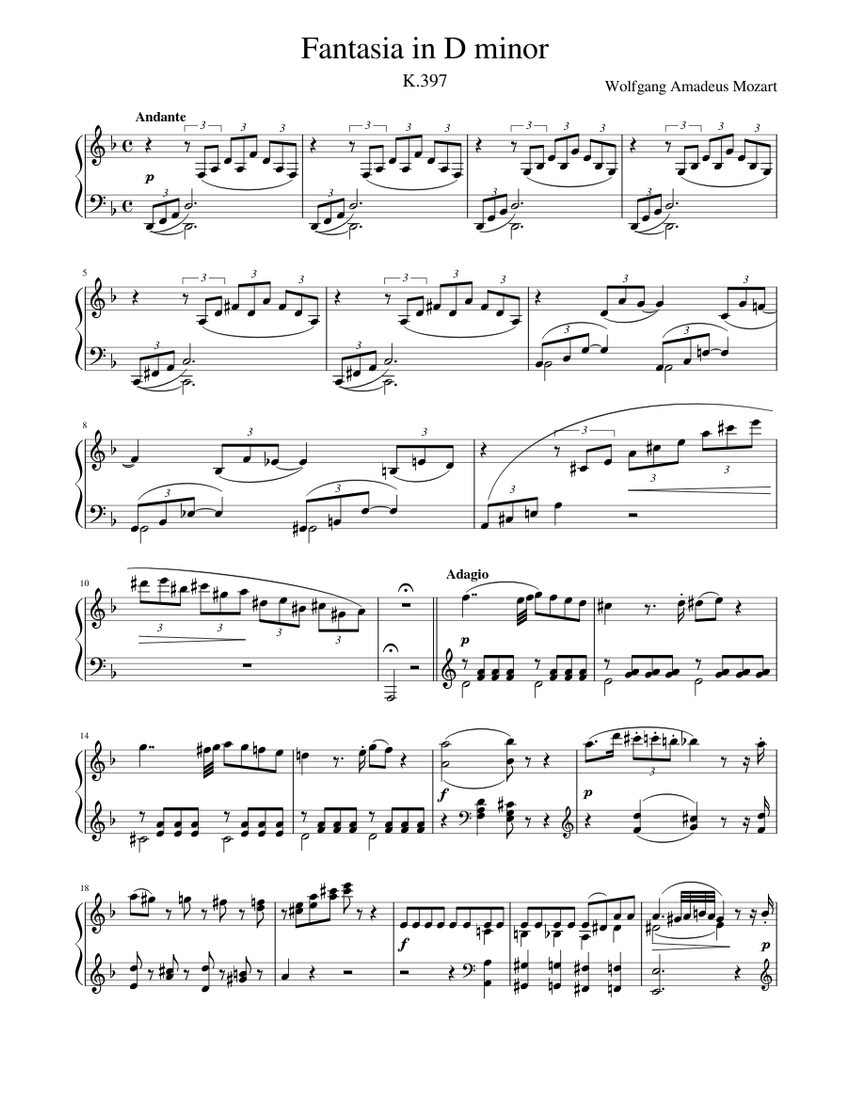 Fantasia in D minor, K.397 - Wolfgang Amadeus Mozart Sheet Music with ...