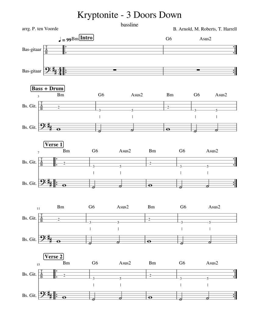 Kryptonite – 3 Doors Down - Bassline Sheet music for Bass guitar (Solo ...