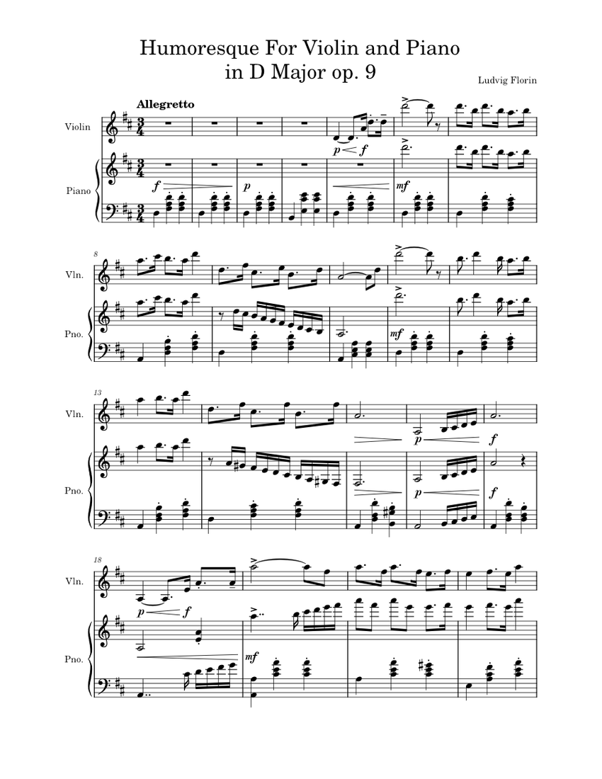Humoresque For Violin and Piano in D Major op. 9 Sheet Music for Piano ...