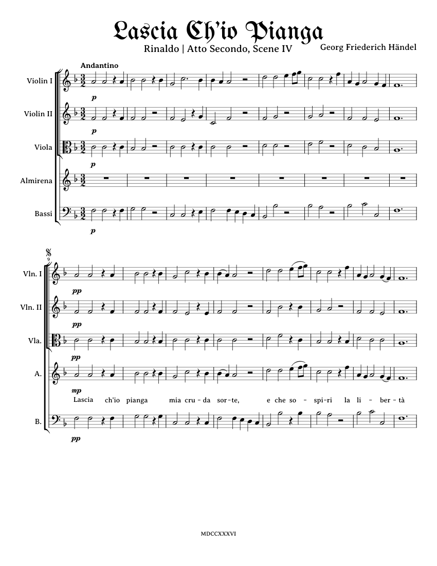Lascia Chio Pianga From Rinaldo Georg Friederich Händel Piano