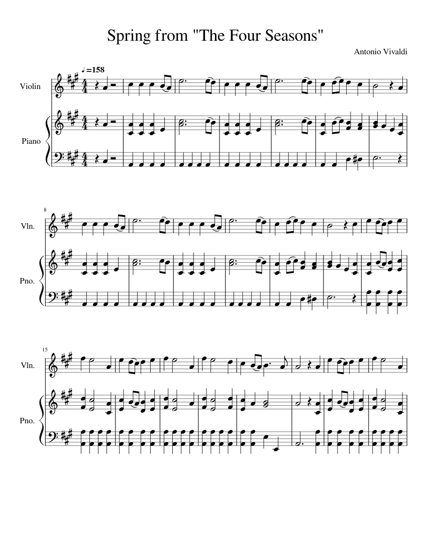 Spring from The Four Seasons Sheet Music for Piano, Violin (Solo ...