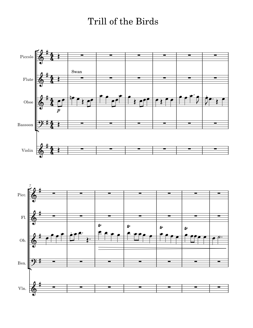 Trill of the Birds Sheet Music for Flute piccolo, Flute, Oboe, Bassoon ...