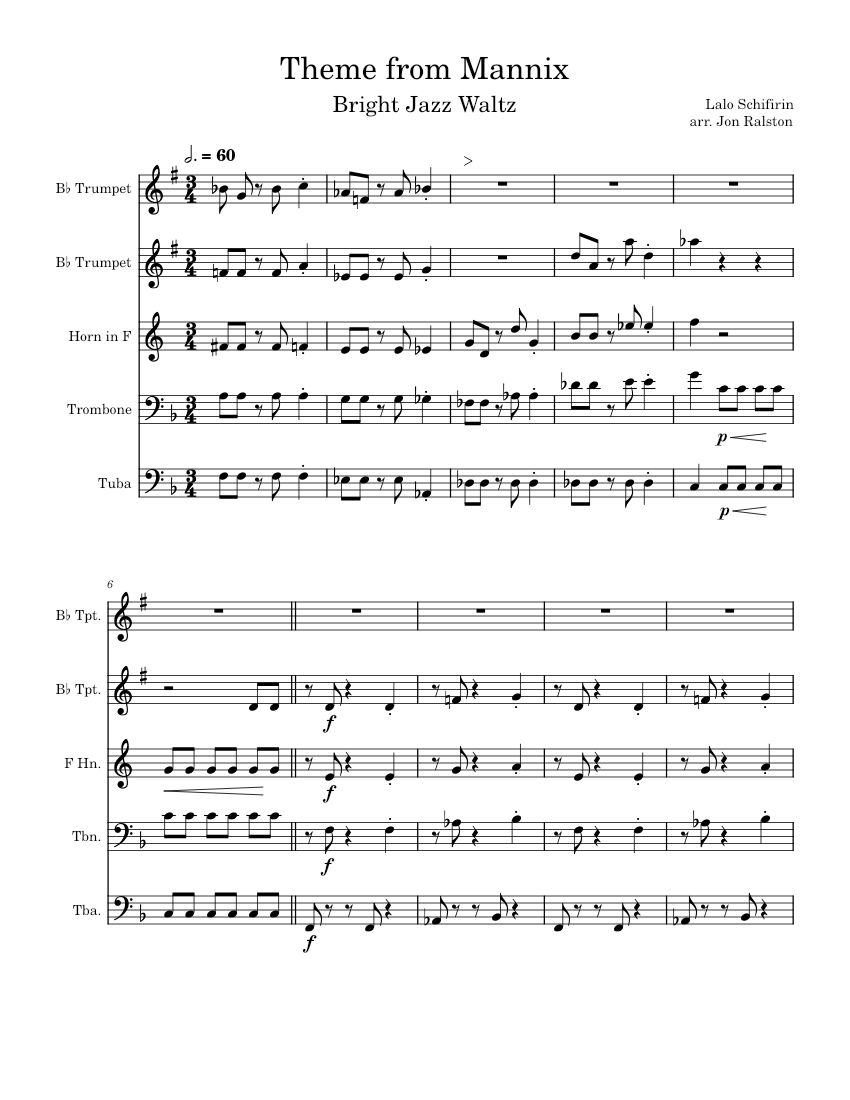 Mannix, Theme from Sheet Music for Trombone, Tuba, Trumpet in b-flat ...